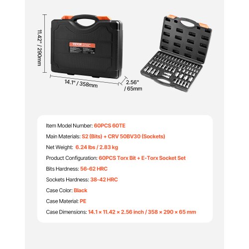 VEVOR Torx Bit Socket and External Torx Socket Set, 60-Piece T6-T70 ...