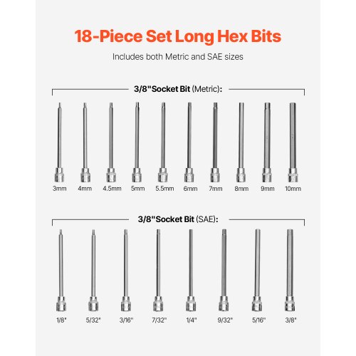 Allen Sockets Extra Long Allen Hex Bit Socket Set, 18-Piece 3/8 Long ...