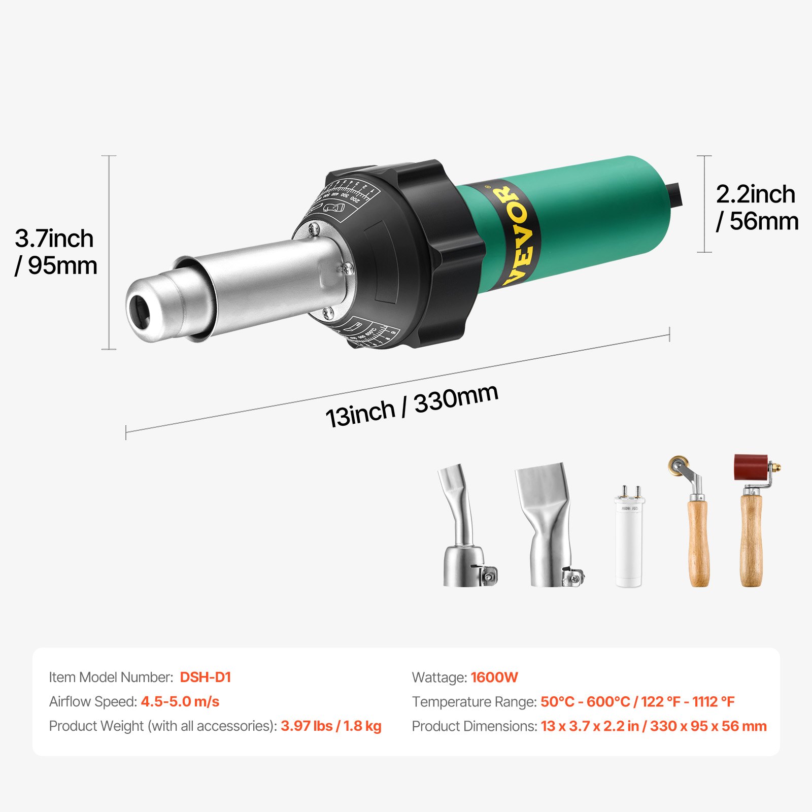 VEVOR Hot Air Plastic Welder, 1600W Hot Air Torch Pistol, 122-1112℉ PVC ...