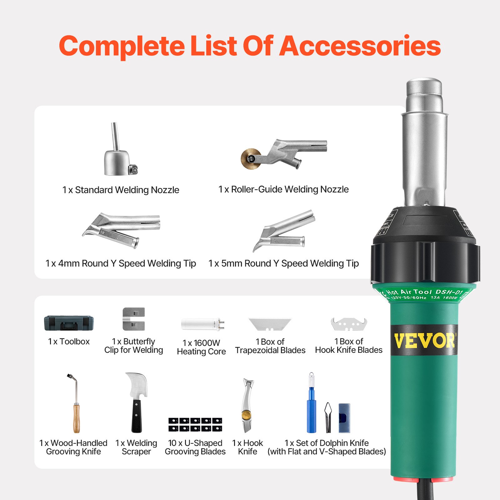 VEVOR Hot Air Plastic Welder, 1600W Hot Air Torch Pistol, 122-1112℉ PVC ...