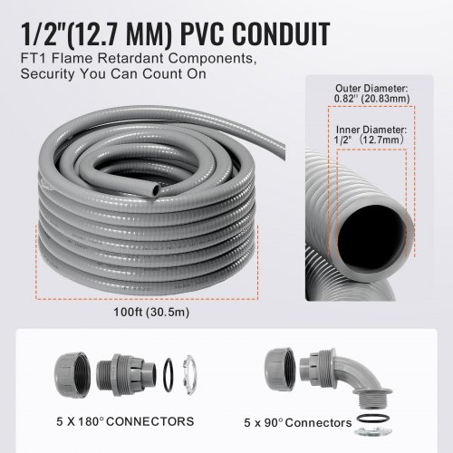 VEVOR 1/2-Inch Flexible Electrical Conduit, 100 ft, PVC Liquid-Tight ...