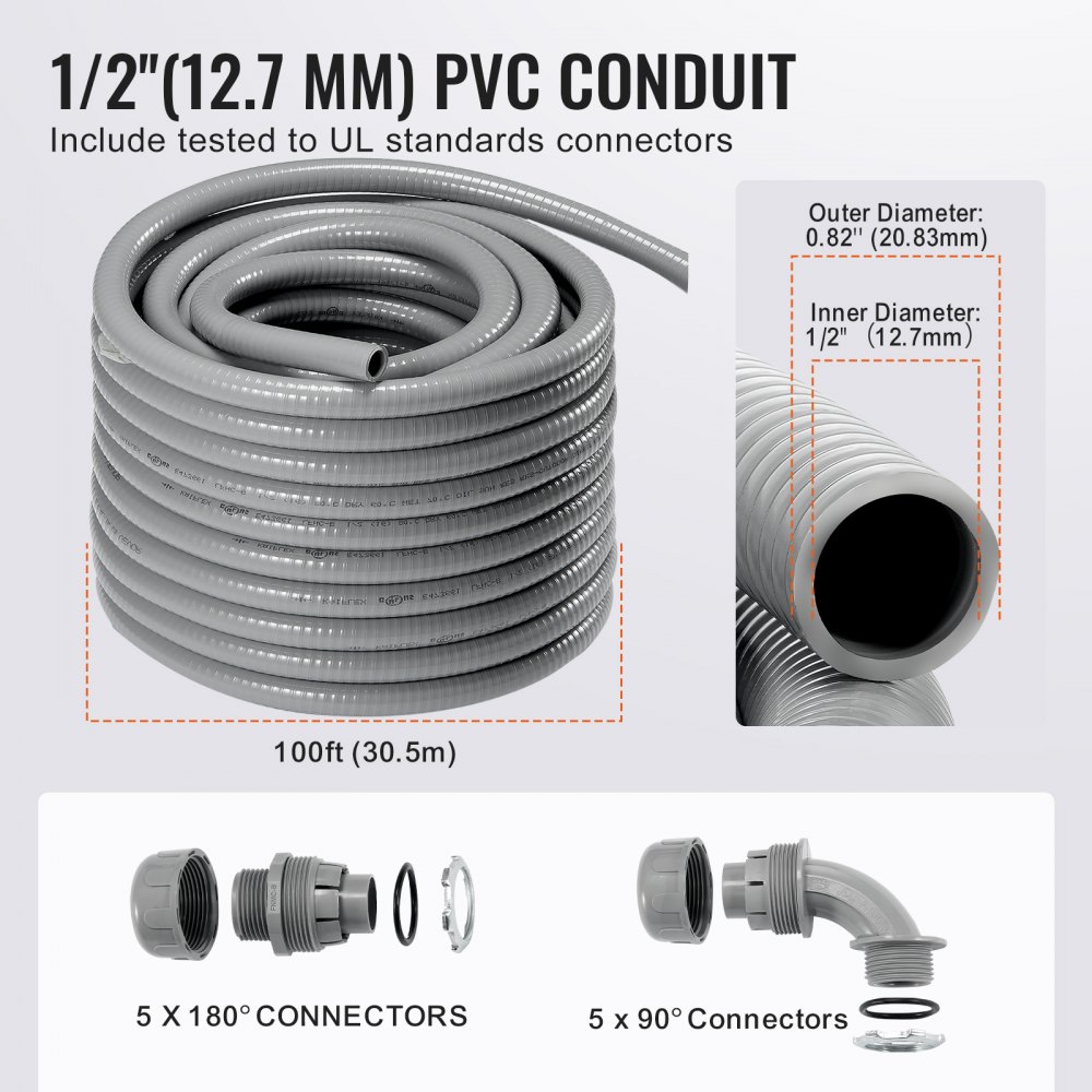 VEVOR 1/2-Inch Flexible Electrical Conduit, 100 ft, PVC Liquid-Tight ...