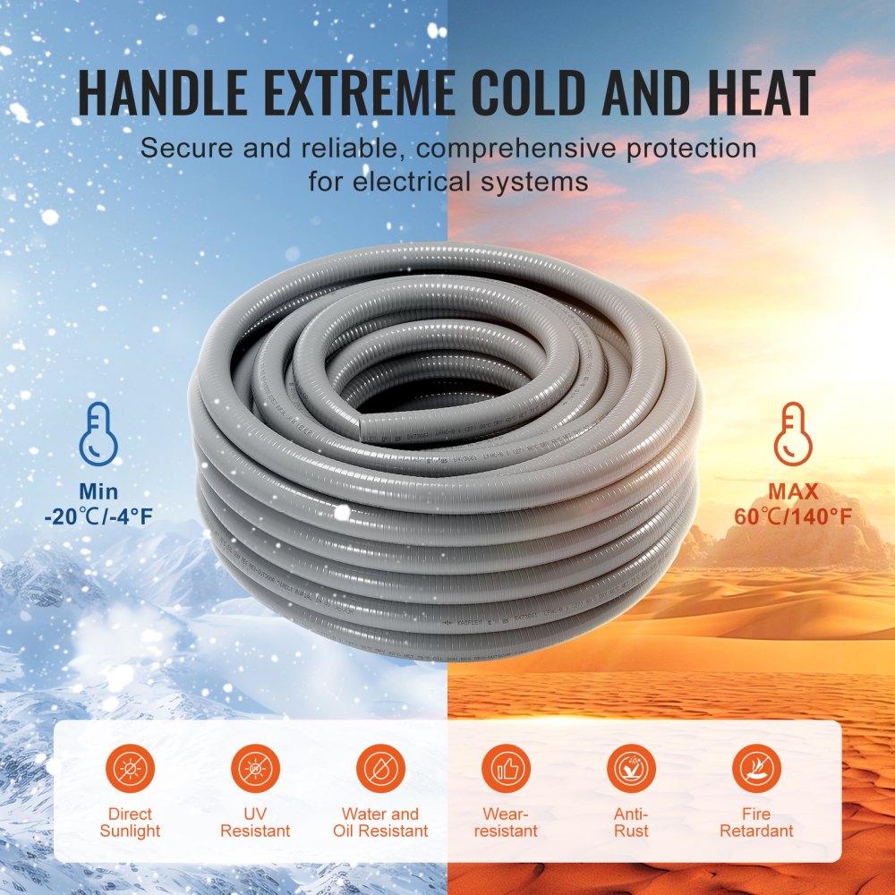 VEVOR 1/2-Inch Flexible Electrical Conduit, 100 ft, PVC Liquid-Tight ...