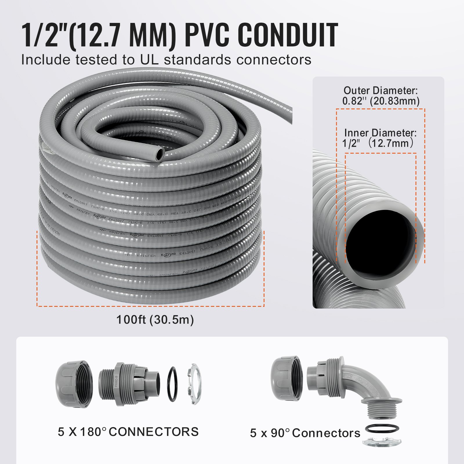 VEVOR 1/2-Inch Flexible Electrical Conduit, 100 ft, PVC Liquid-Tight ...