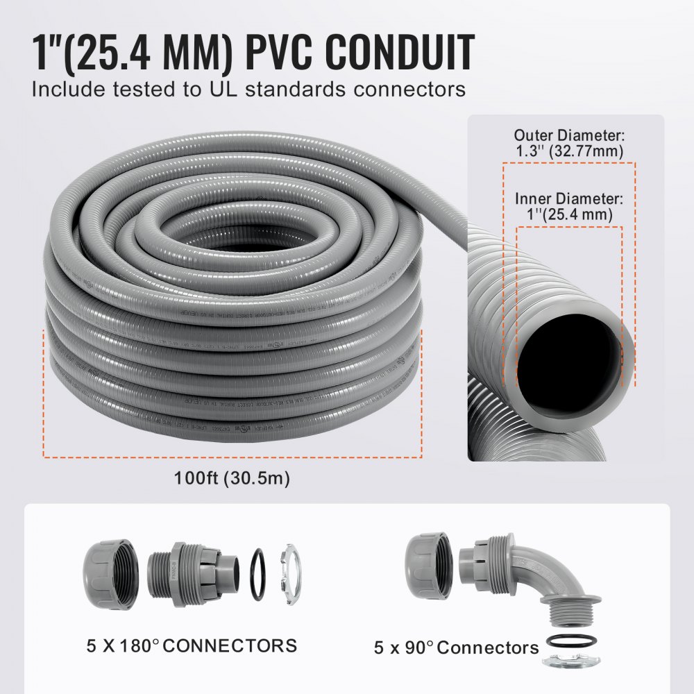 VEVOR 1-Inch Flexible Electrical Conduit, 100 ft, PVC Liquid-Tight ...