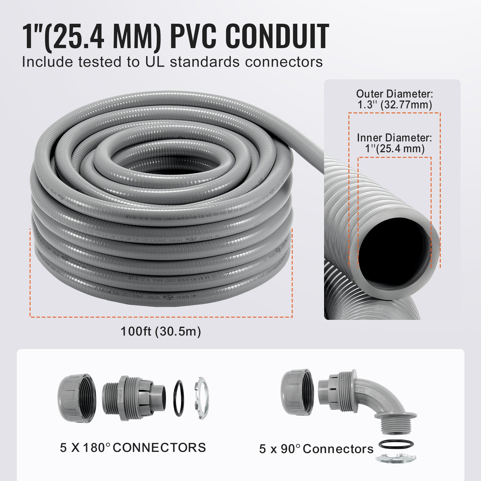 VEVOR 25.4 mm Flexible Electrical Conduit, 30.5 m, PVC Liquid-Tight ...