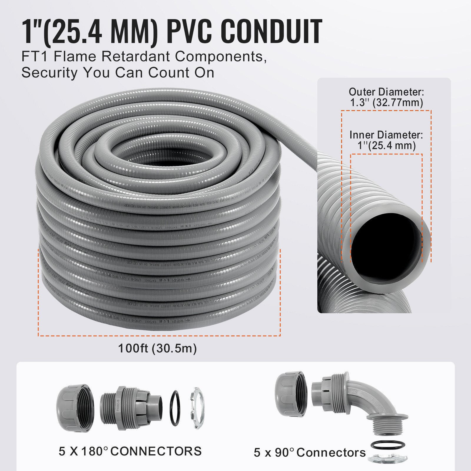 VEVOR 1-Inch Flexible Electrical Conduit, 100 ft, PVC Liquid-Tight ...