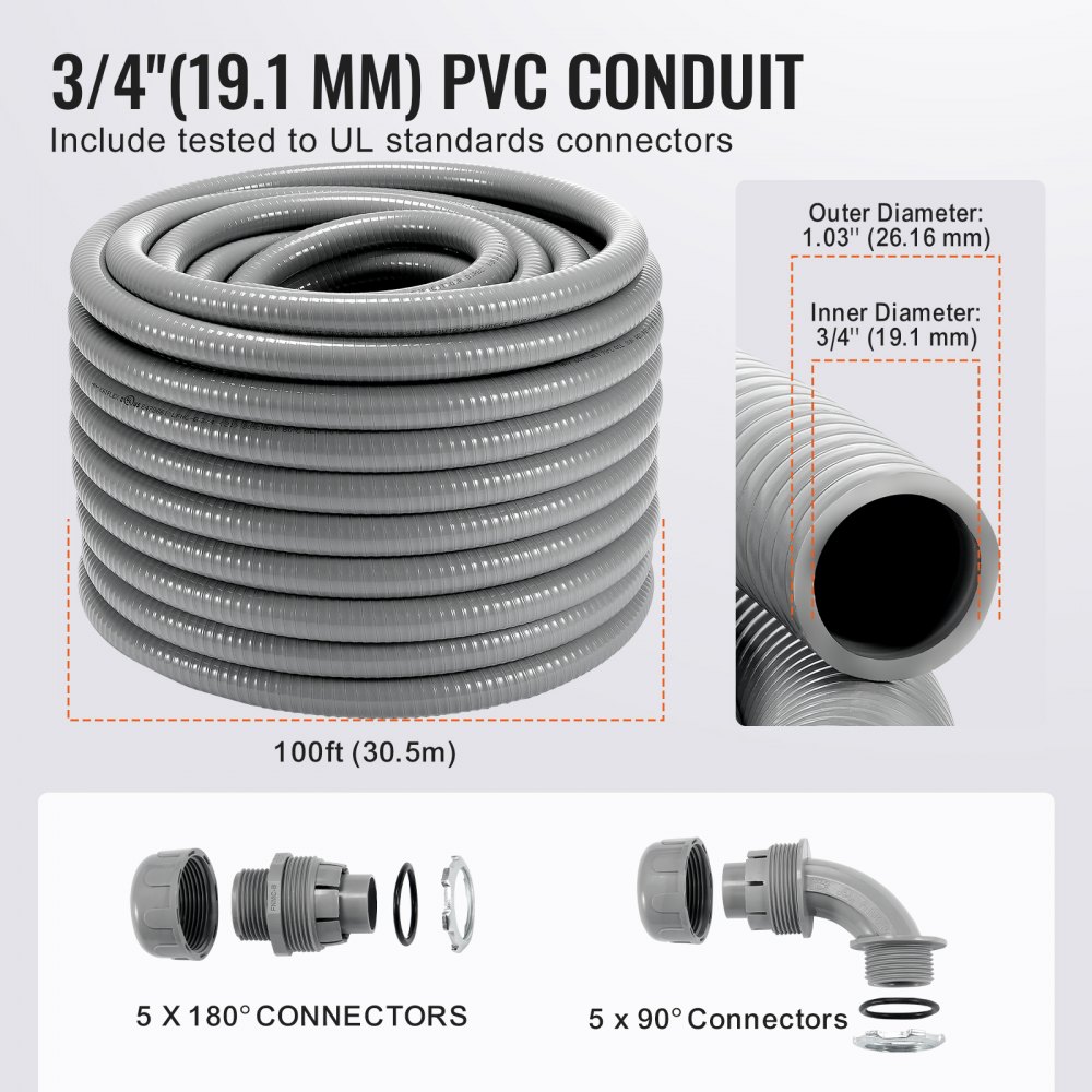 VEVOR 3/4-Inch Flexible Electrical Conduit, 100 ft, PVC Liquid-Tight ...