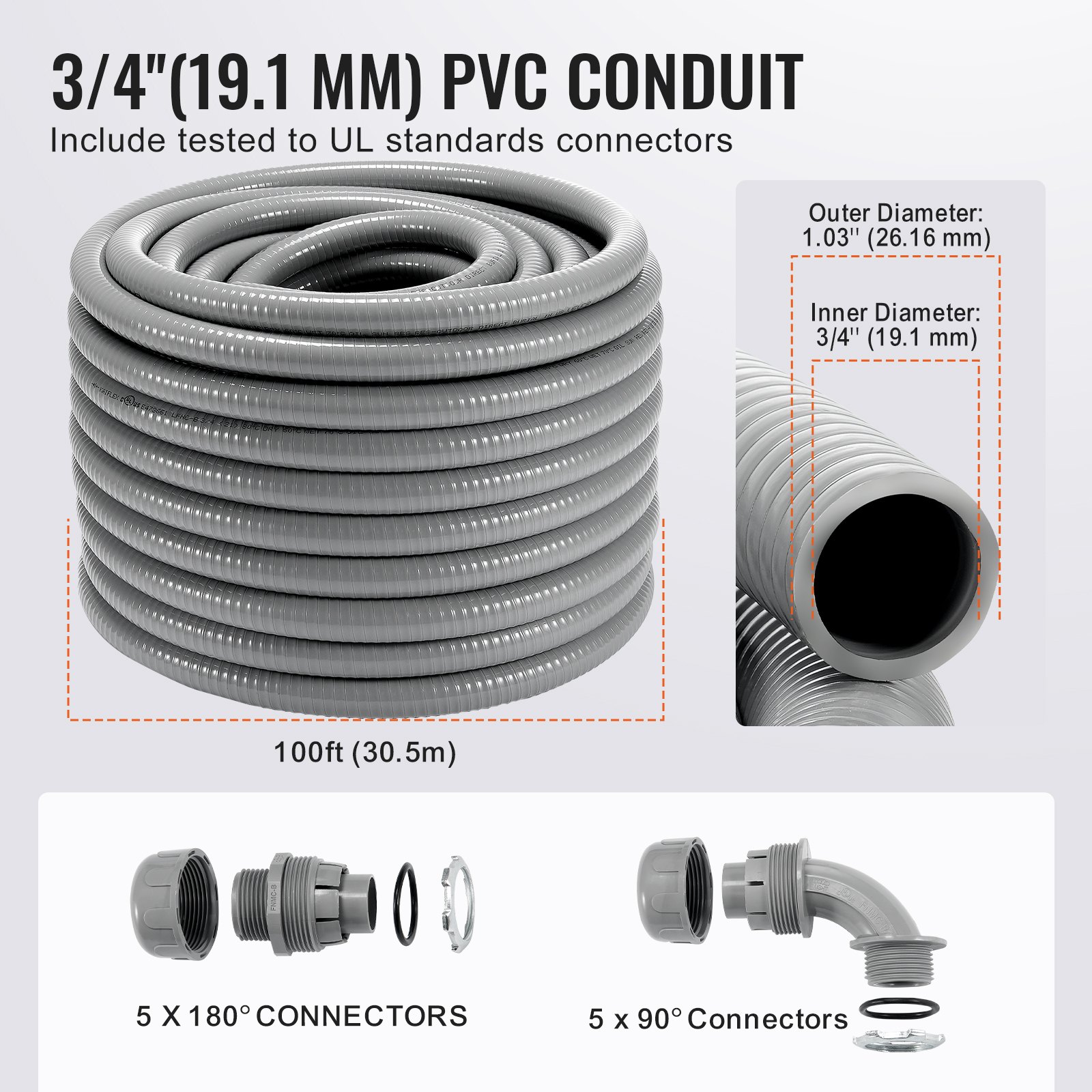 VEVOR 3/4-Inch Flexible Electrical Conduit, 100 ft, PVC Liquid-Tight ...