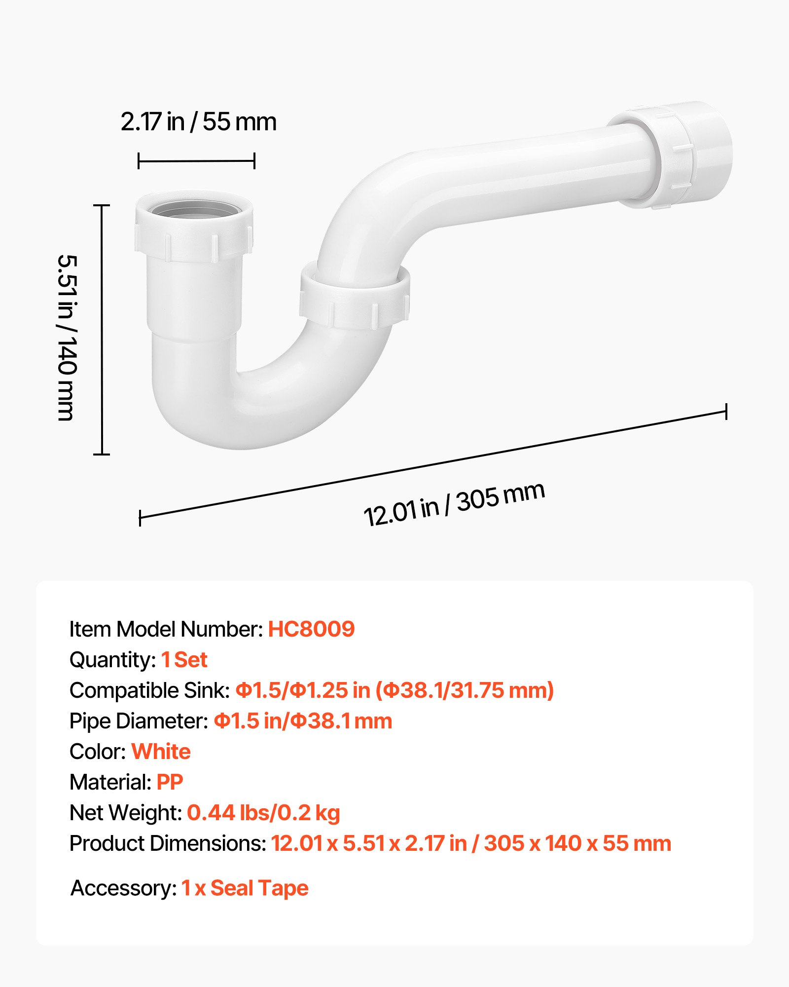 Vevor P Trap 1 1 2 Inch P Trap Sink Drain Pipe Kit With Threaded
