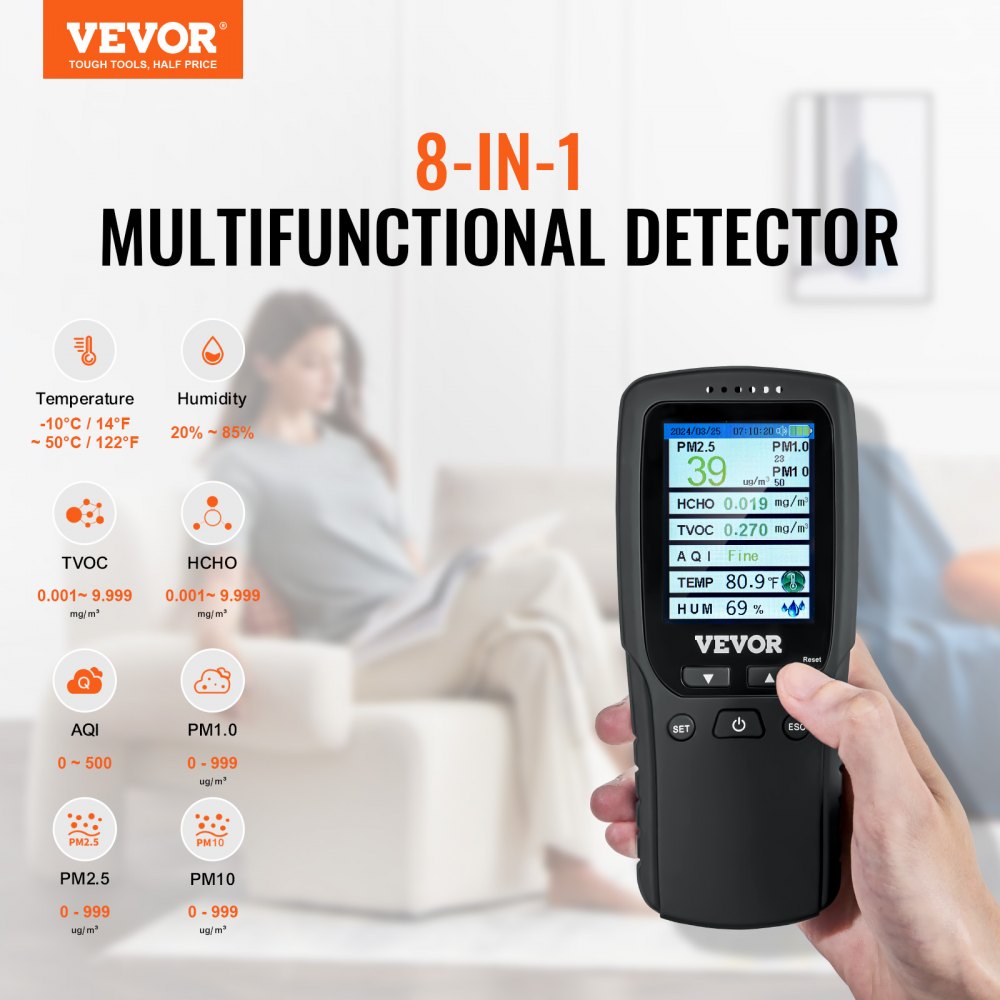 VEVOR 8-IN-1 Air Quality Monitor Meter PM1.0/2.5/10 HCHO TVOC Humidity ...