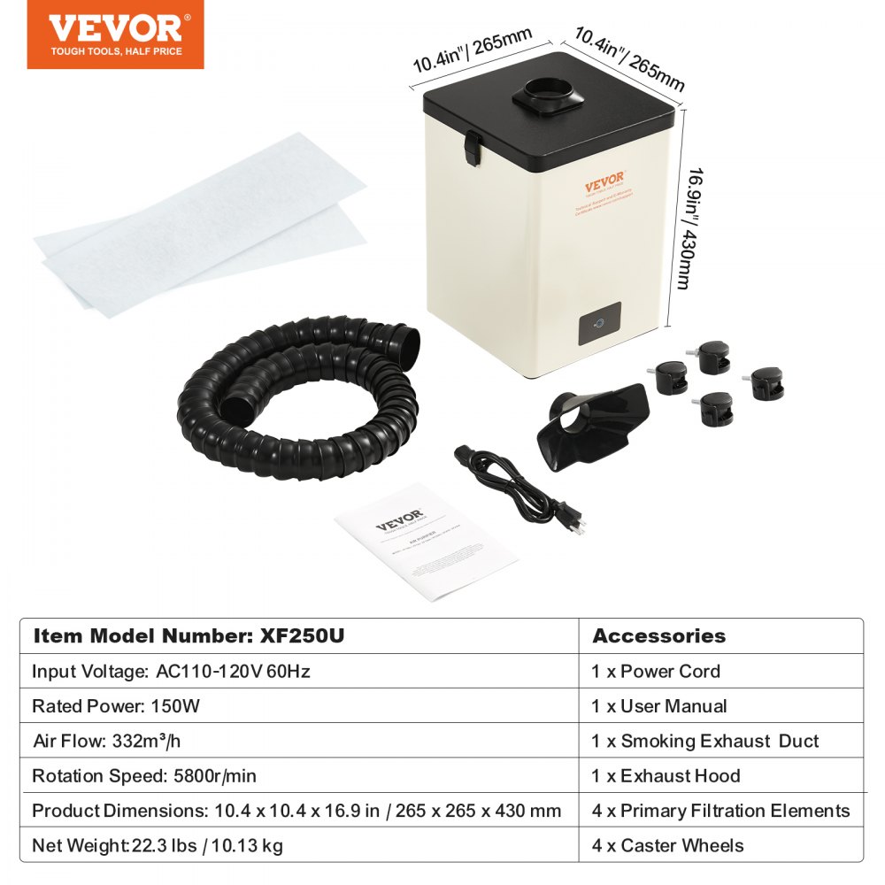 VEVOR 150W Solder Fume Smoke Extractor 3-Stage Filters 332 m³/h Strong ...