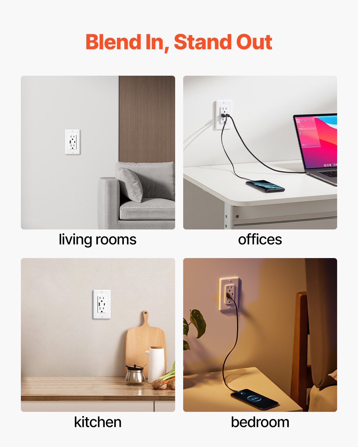 VEVOR USB Wall Outlet – 24W, Type C & A Ports, 2 AC, White