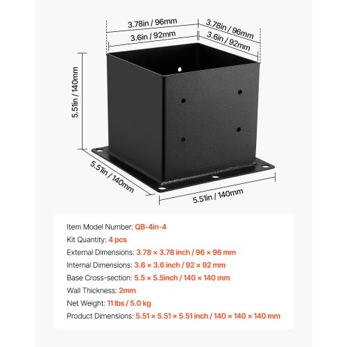 4 Pack 4x4 Post Base Brackets Wood Fence Post Anchor Inner Size 3.6x3.6 ...