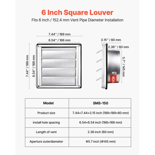 6 Inch Square Wall Vent Cover Louvered Stainless Steel AC Vent 1 Pack ...