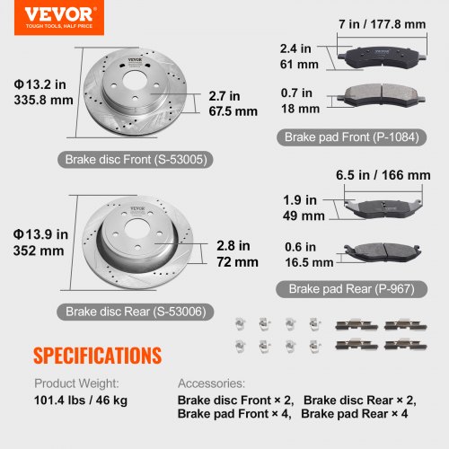 VEVOR Drilled Slotted Front and Rear Brake Rotors Pads Kit for Dodge ...
