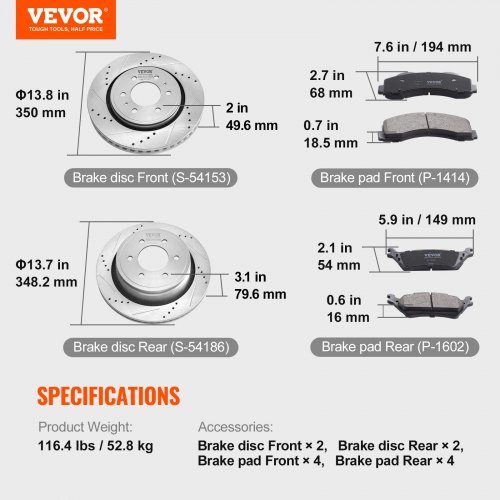 VEVOR Drilled Slotted Front&Rear Brake Rotors Pads Kit for 2012-2020 ...