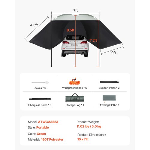 VEVOR Vehicle Awning, Large 10' x 7' Shade Coverage Car Side Awning ...