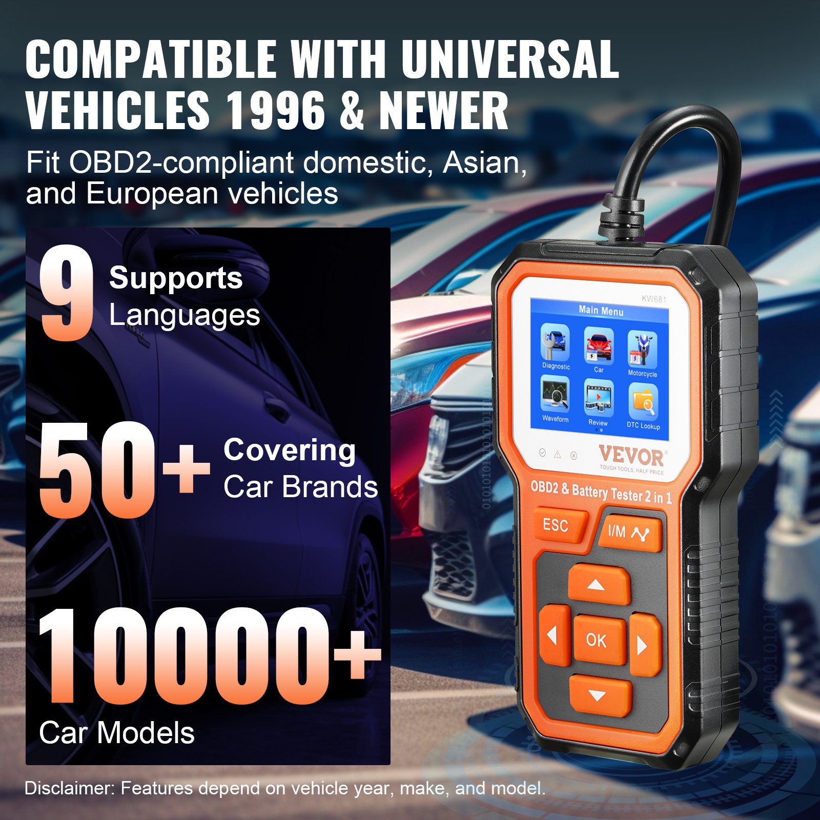 VEVOR OBD2 Scanner Battery Tester 6V/12V - Upgrade 2 IN1 OBD Scanner ...