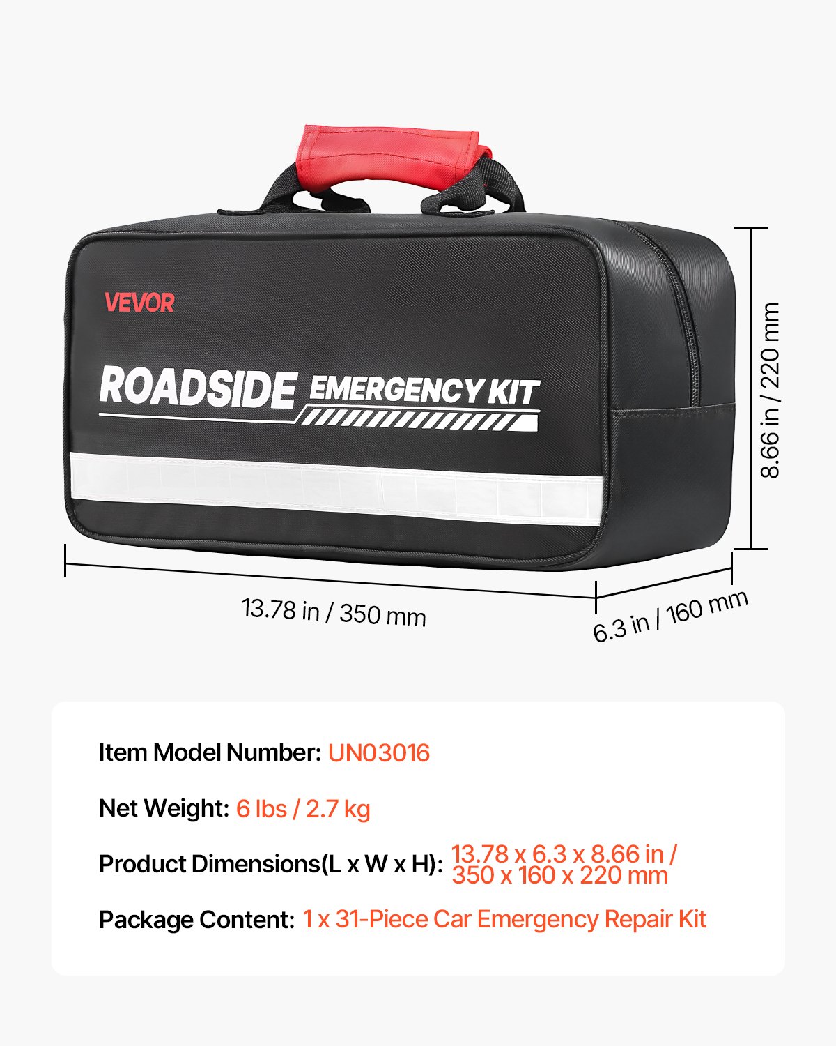 VEVOR Roadside Emergency Kit for Car – 31-Piece, 12 ft Cable