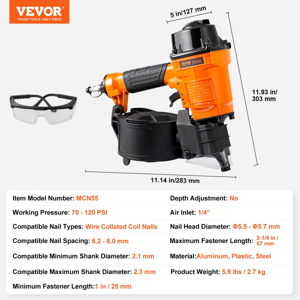 VEVOR Coil Siding Nail Gun – MCN55, 70-120 PSI Air Coil