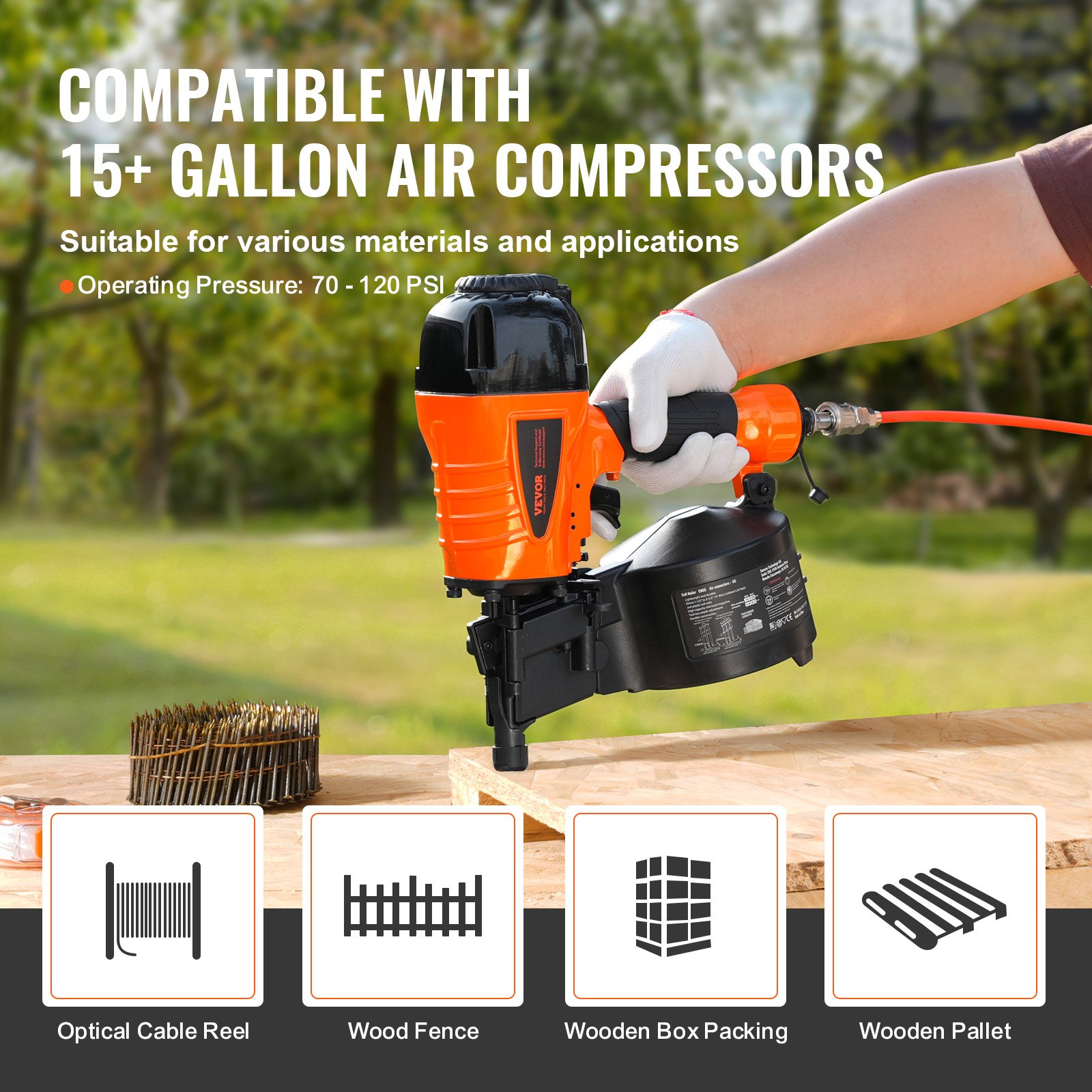 VEVOR CN65 Coil Siding Nailer 1-1/4" to 2-1/2" 15 Degree Pneumatic Nail ...