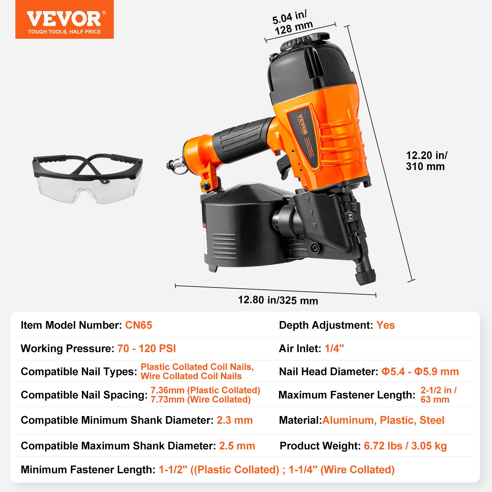VEVOR CN65 Coil Siding Nailer 1-1/4" to 2-1/2" 15 Degree Pneumatic Nail ...
