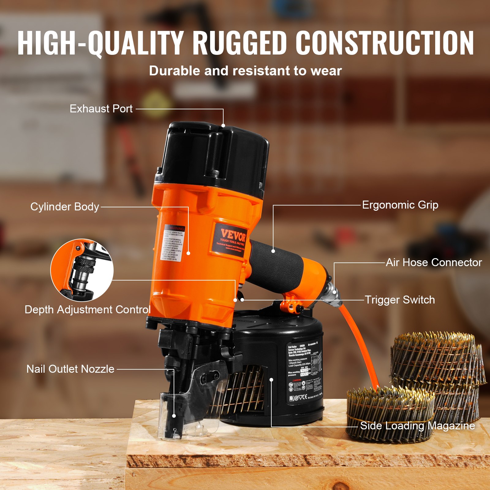 VEVOR Coil Siding/Framing Nailer CN83N, 2" to 3-1/4" 15 Degree ...