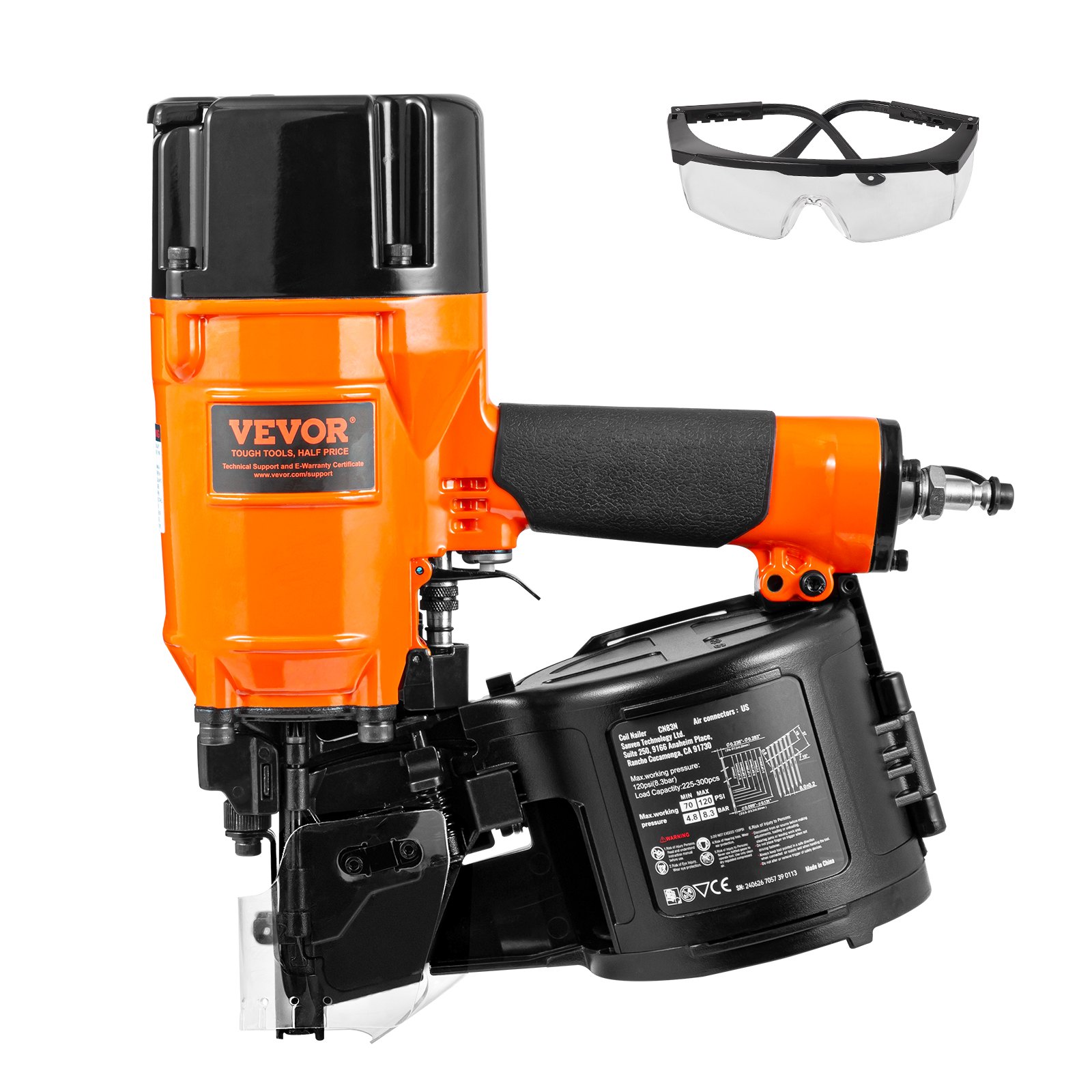 VEVOR CN83N Coil Siding Nailer 2" to 3-1/4" 15 Degree Pneumatic Nail ...