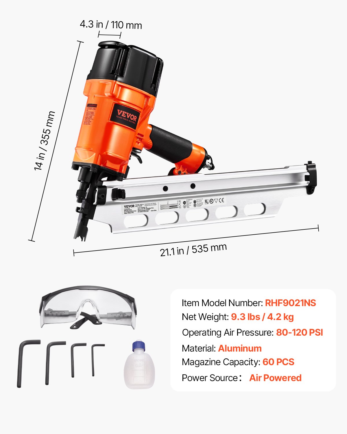 VEVOR 21 Degree Framing Nail Gun – 2"-3.5", 80-120 PSI