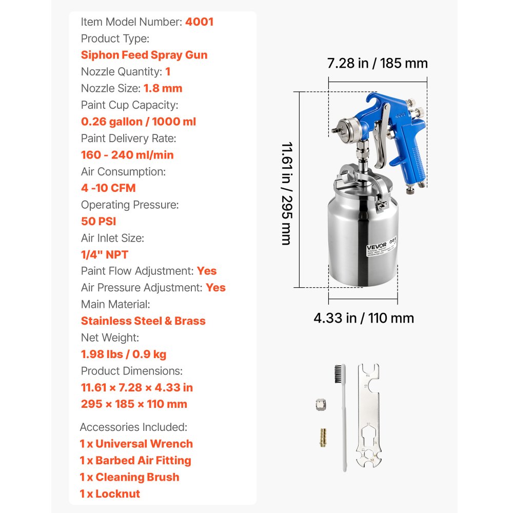 VEVOR Syphon Feed Spray Gun – 1000cc, 1.8 mm Nozzle, 1000ml