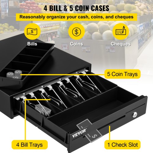 VEVOR Cash Register Drawer, 13" 12 V, for POS System with 4 Bill 5 Coin ...