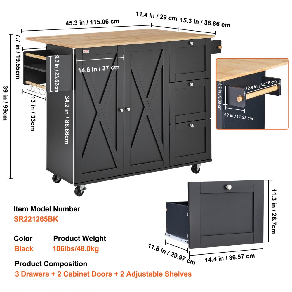 VEVOR Kitchen Island Cart Rolling Storage Cabinet on Wheel with Drawer ...