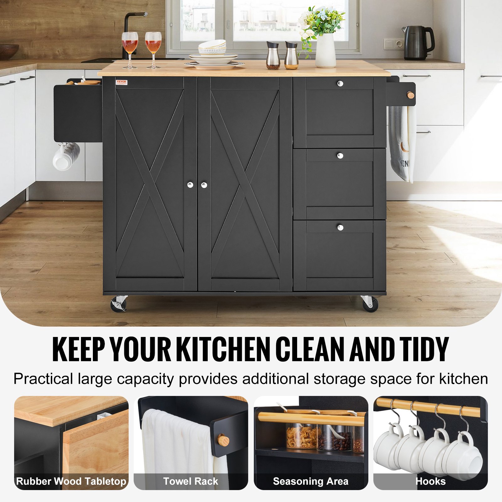 VEVOR Kitchen Island Cart, 56" Wood Top Mobile Carts with Storage ...