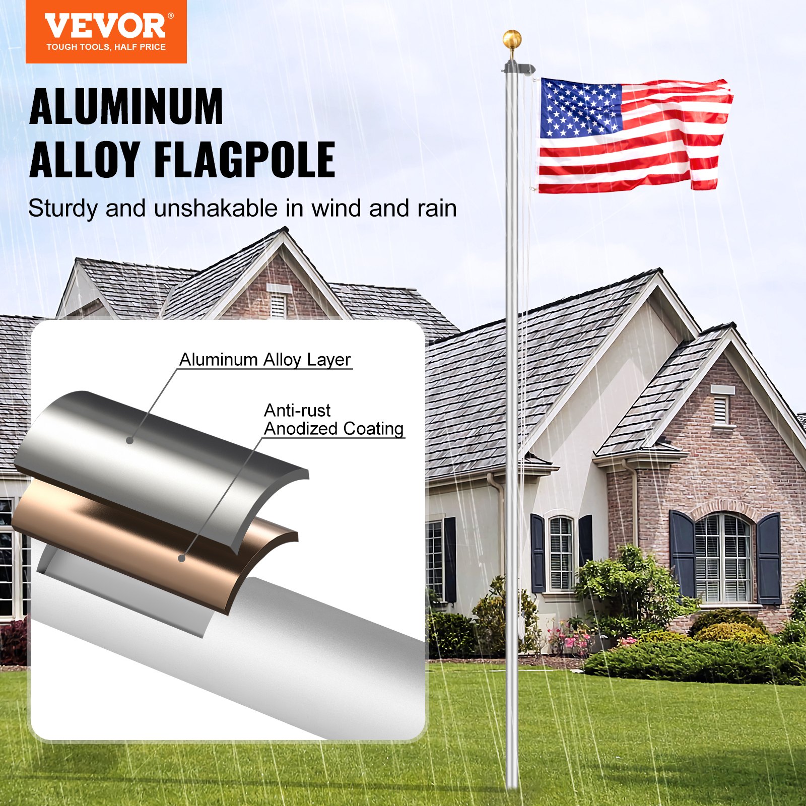 VEVOR 25FT Detachable Flagpole Kit Heavy Duty Aluminum Flag Pole ...