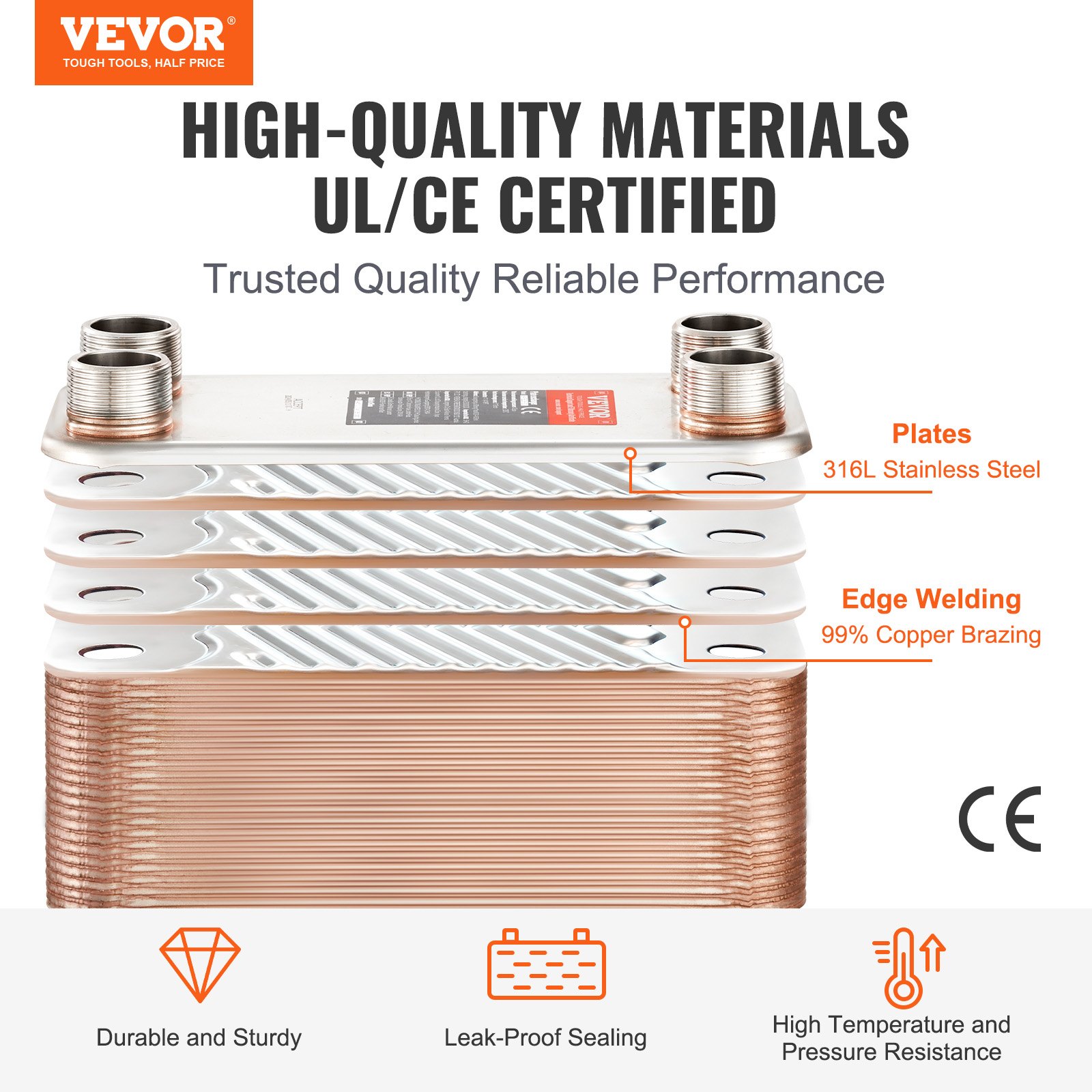 VEVOR Heat Exchanger, 5"x 12" 100 Plates Brazed Plate Heat Exchanger ...