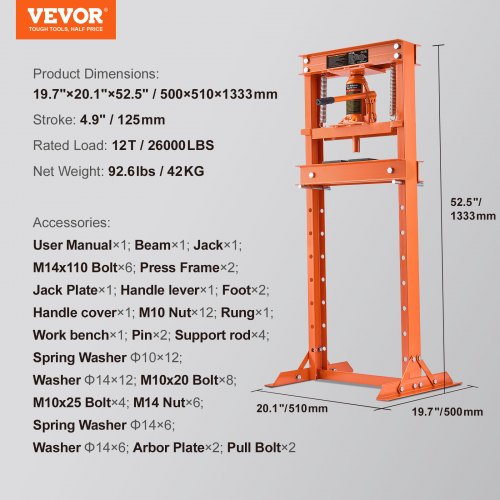 VEVOR Hydraulic Shop Press, 12 Ton H-Frame Hydraulic Garage/Shop Floor ...