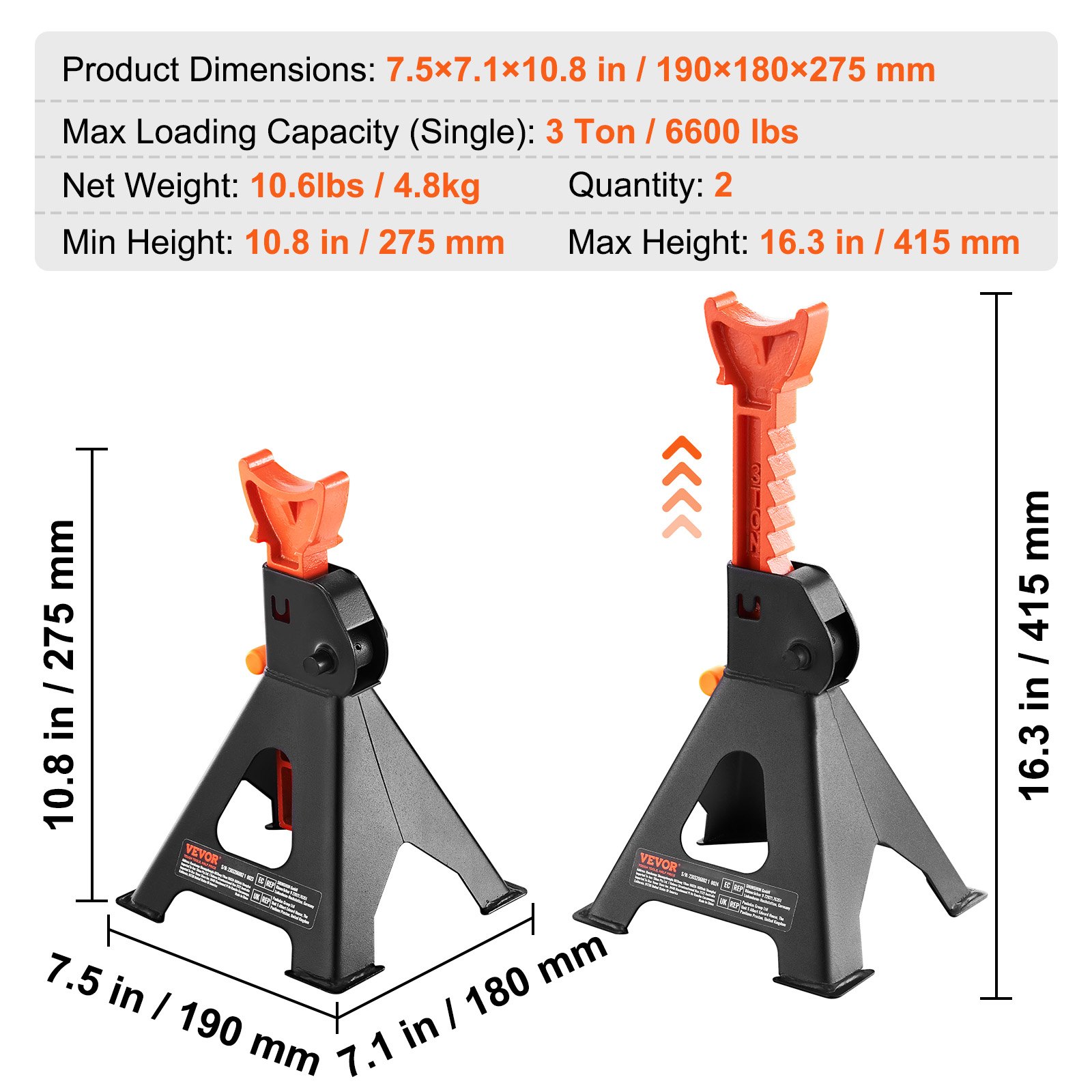 VEVOR Jack Stands, 3 Ton (6,000 lbs) Capacity Car Jack Stands, 10.8-16. ...