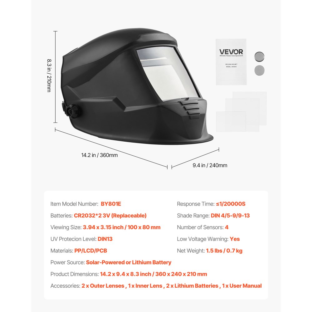 VEVOR Welding Helmet Auto Darkening, 3.94" x 3.15" True Color Welding ...