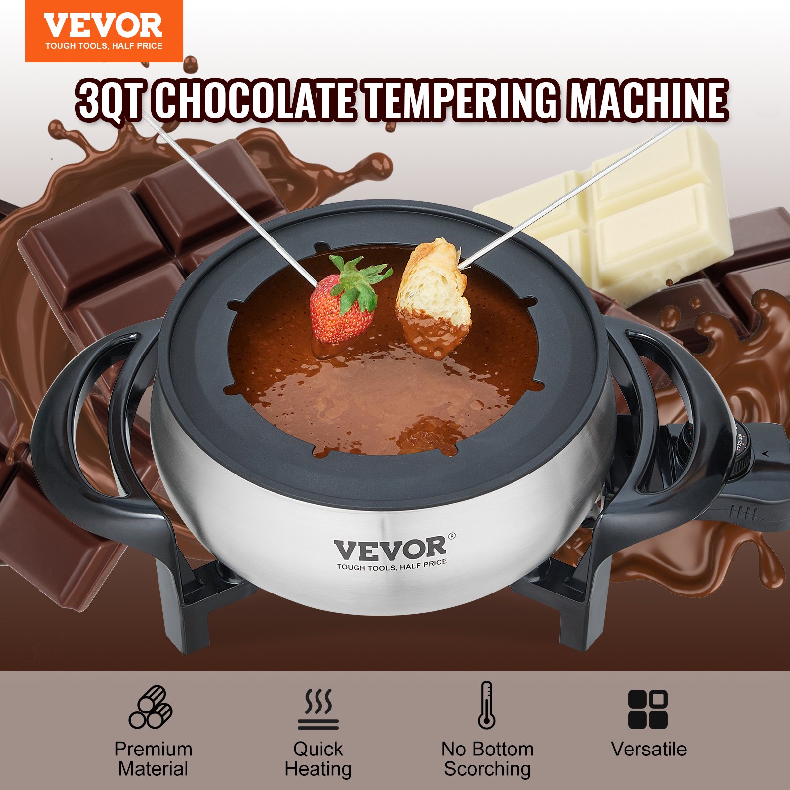 VEVOR Electric Fondue Pot Set for Cheese & Chocolate, 3 Quart Chocolate ...