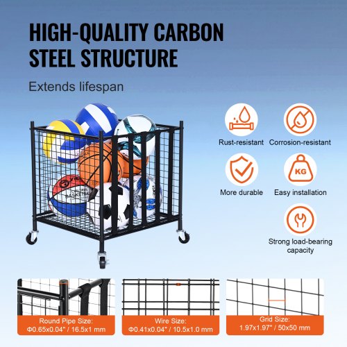 VEVOR Rolling Sports Ball Storage Cart, Lockable Basketball Cage with ...