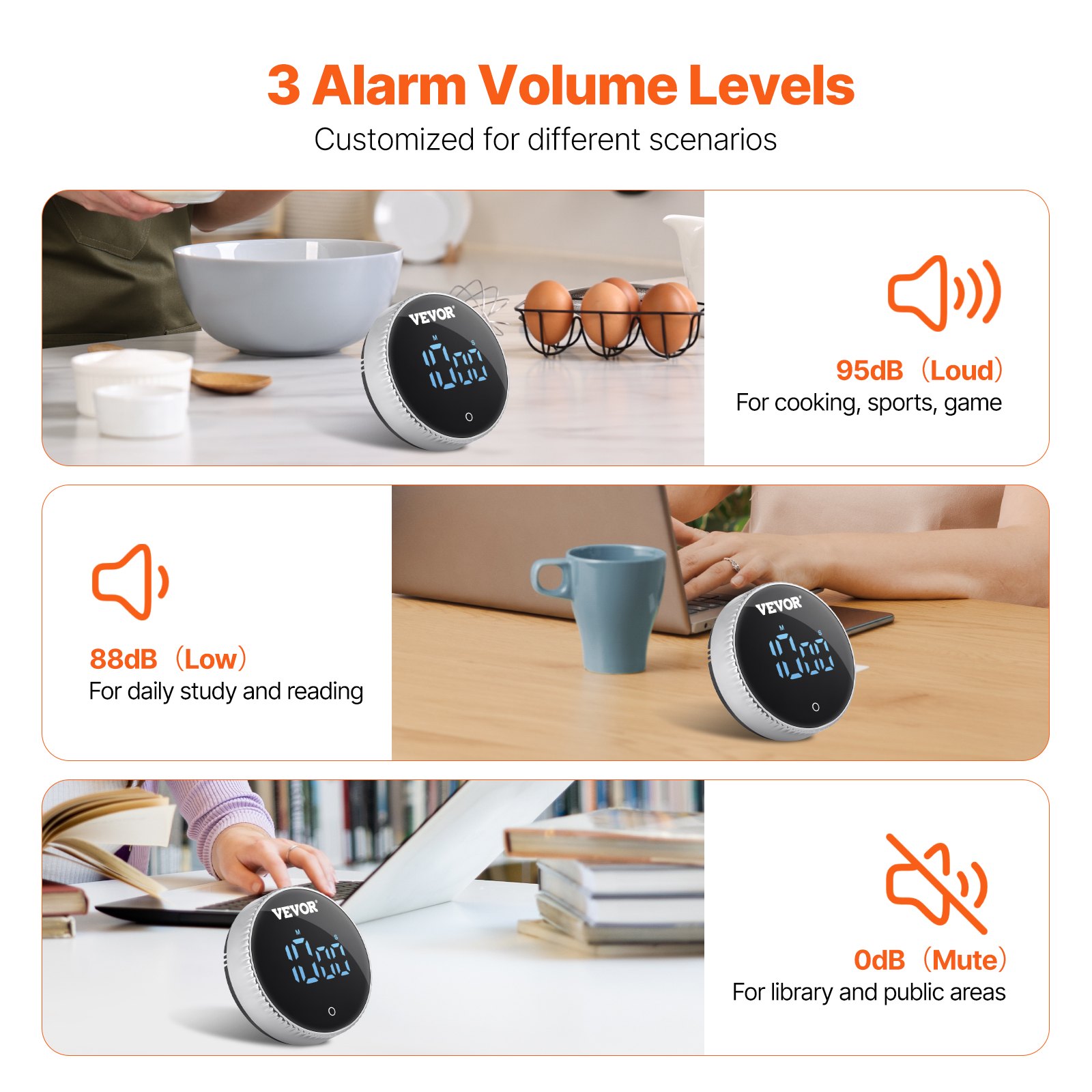 VEVOR Digital Kitchen Timer, Magnetic Countdown Countup Timer with 3 ...