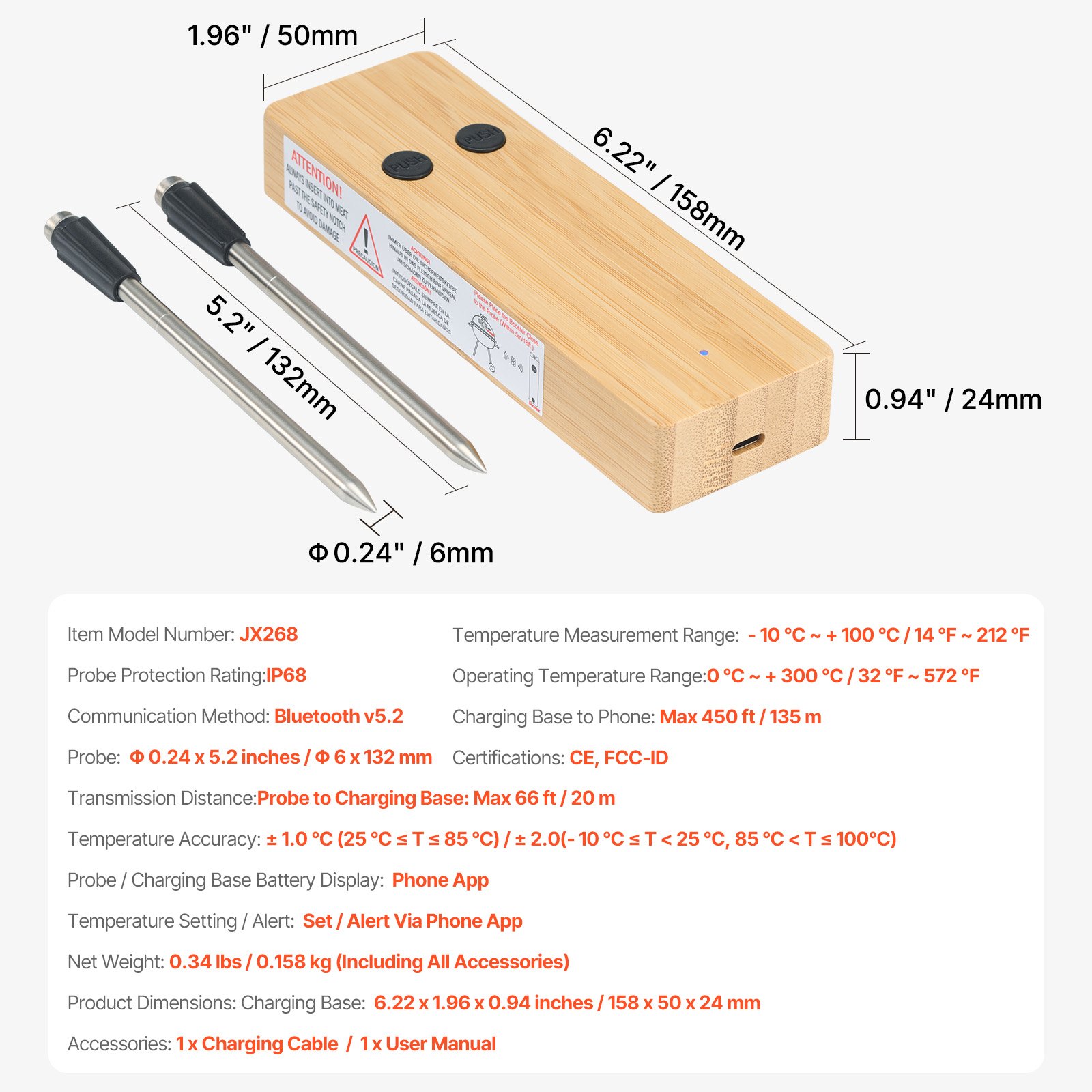 VEVOR Wireless Meat Thermometer Bluetooth Meat Probe Two Probes for ...