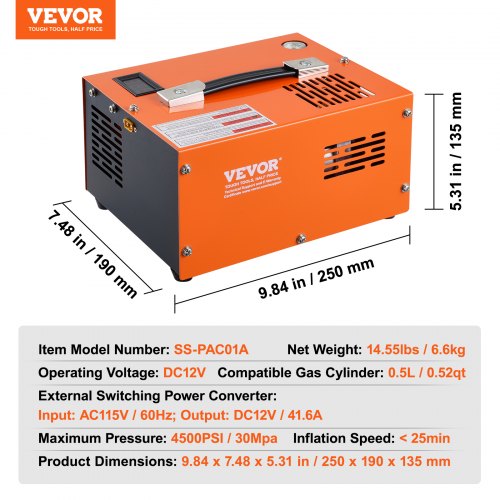 VEVOR PCP Air Compressor, 4500PSI/30Mpa Portable PCP Compressor with ...