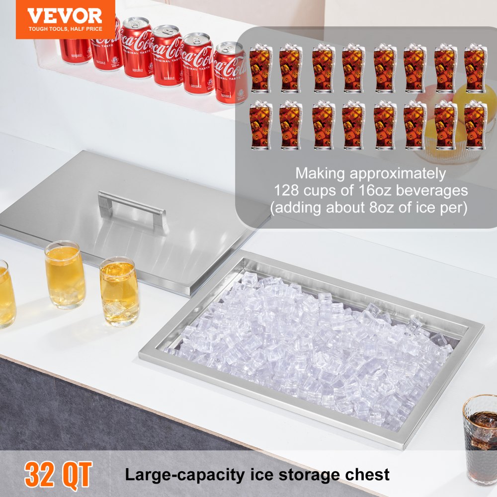 VEVOR 32 Quart Drop in Ice Chest Ice Cooler Ice Bin Stainless Steel 20 ...