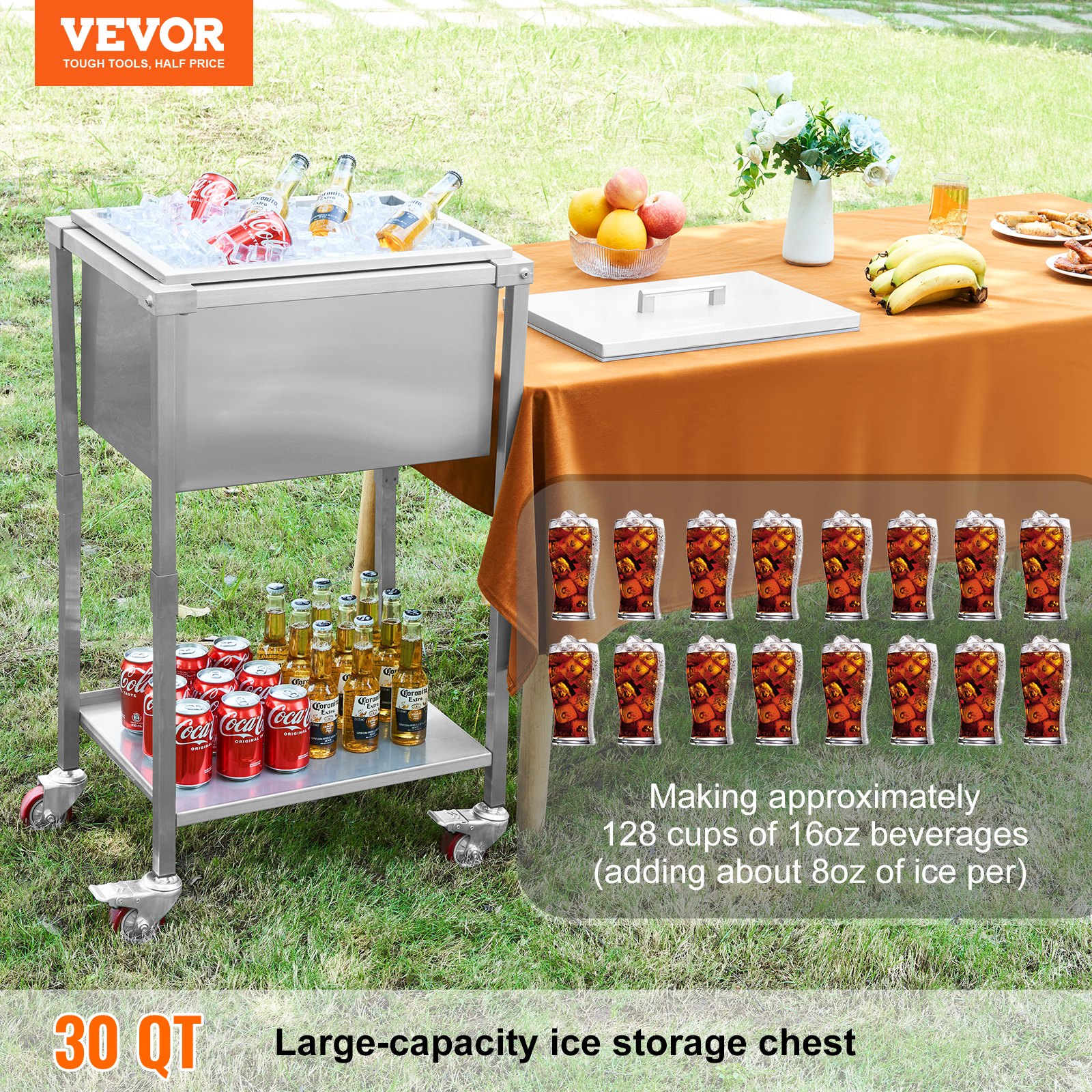VEVOR 32qt Rolling Ice Chest Cooler Cart Outdoor Stand Up Cooling Bin ...