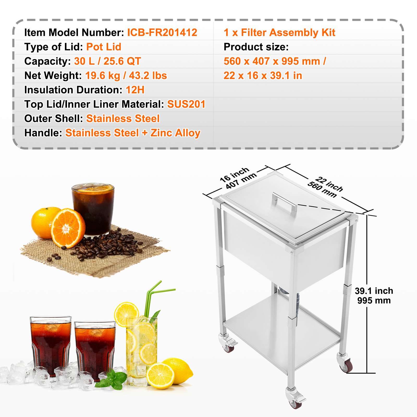 VEVOR 32qt Rolling Ice Chest Cooler Cart Outdoor Stand Up Cooling Bin ...