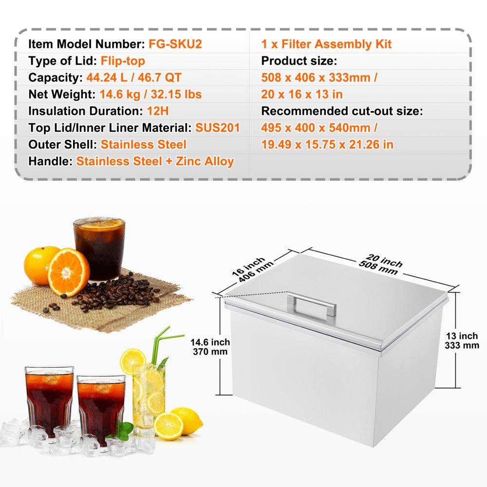 VEVOR 40Quart Drop in Ice Chest Ice Cooler Ice Bin Stainless Steel 20 ...