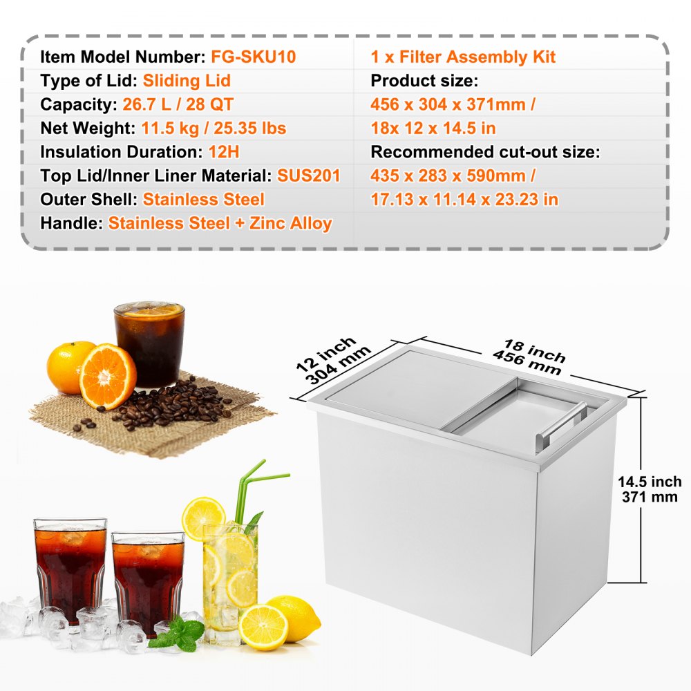 VEVOR 28.5Quart Drop in Ice Chest Ice Cooler Ice Bin Stainless Steel 18 ...