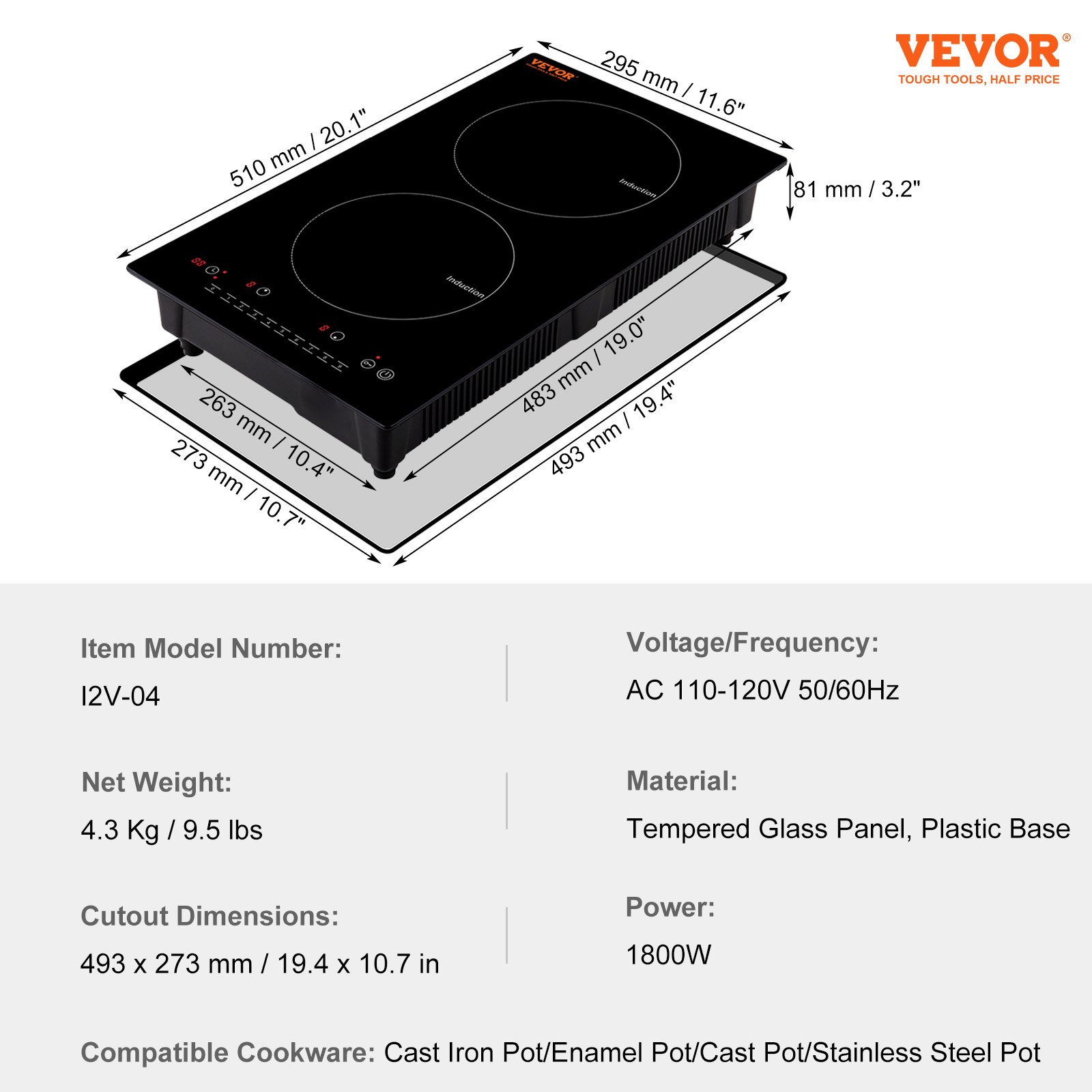 VEVOR Electric Cooktop, 2 Burners, 12'' Induction Stove Top, Built-in ...